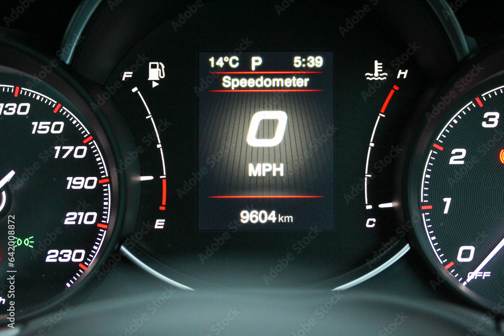 Digital speedometer in the instrument cluster of a new vehicle Stock ...