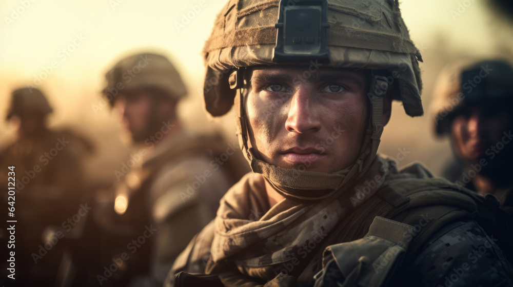 Group of several modern soldiers fully equipped facing the camera in a ...