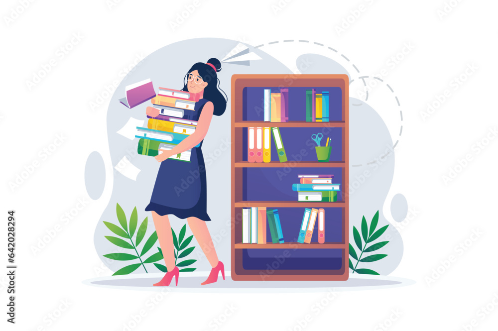 Concept Busy teacher with scene in the flat cartoon design. The teacher ...