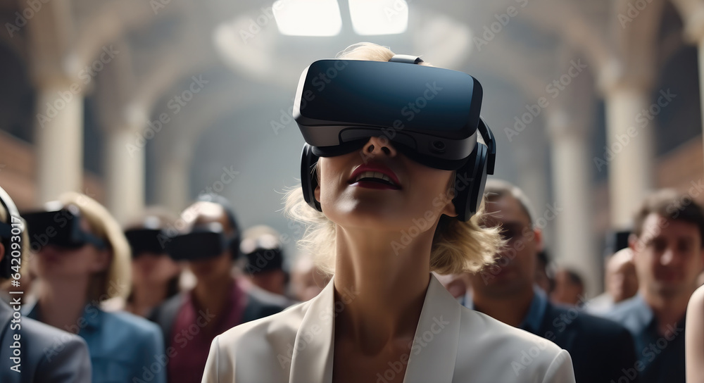 Business woman attend meeting wearing vr virtual goggle glasses ...