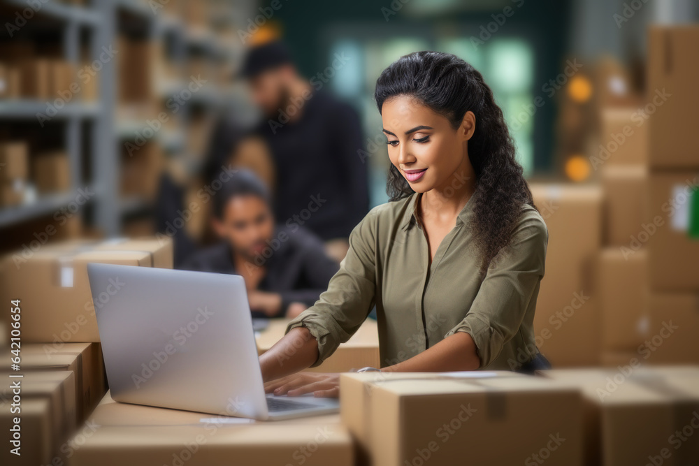 Indian woman working in shipping office, keeping records of packing ...