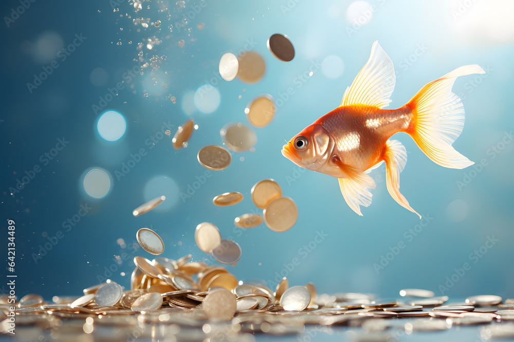 Modern Feng Shui Goldfish in tank with golden coins on pastel blue ...