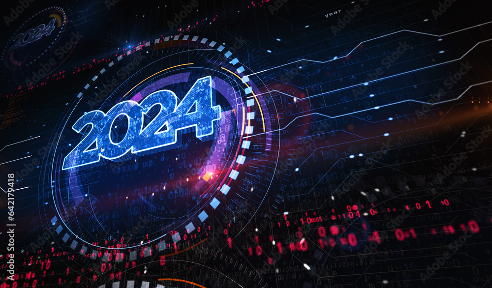 2024 year futuristic neon symbol digital concept 3d illustration Stock ...