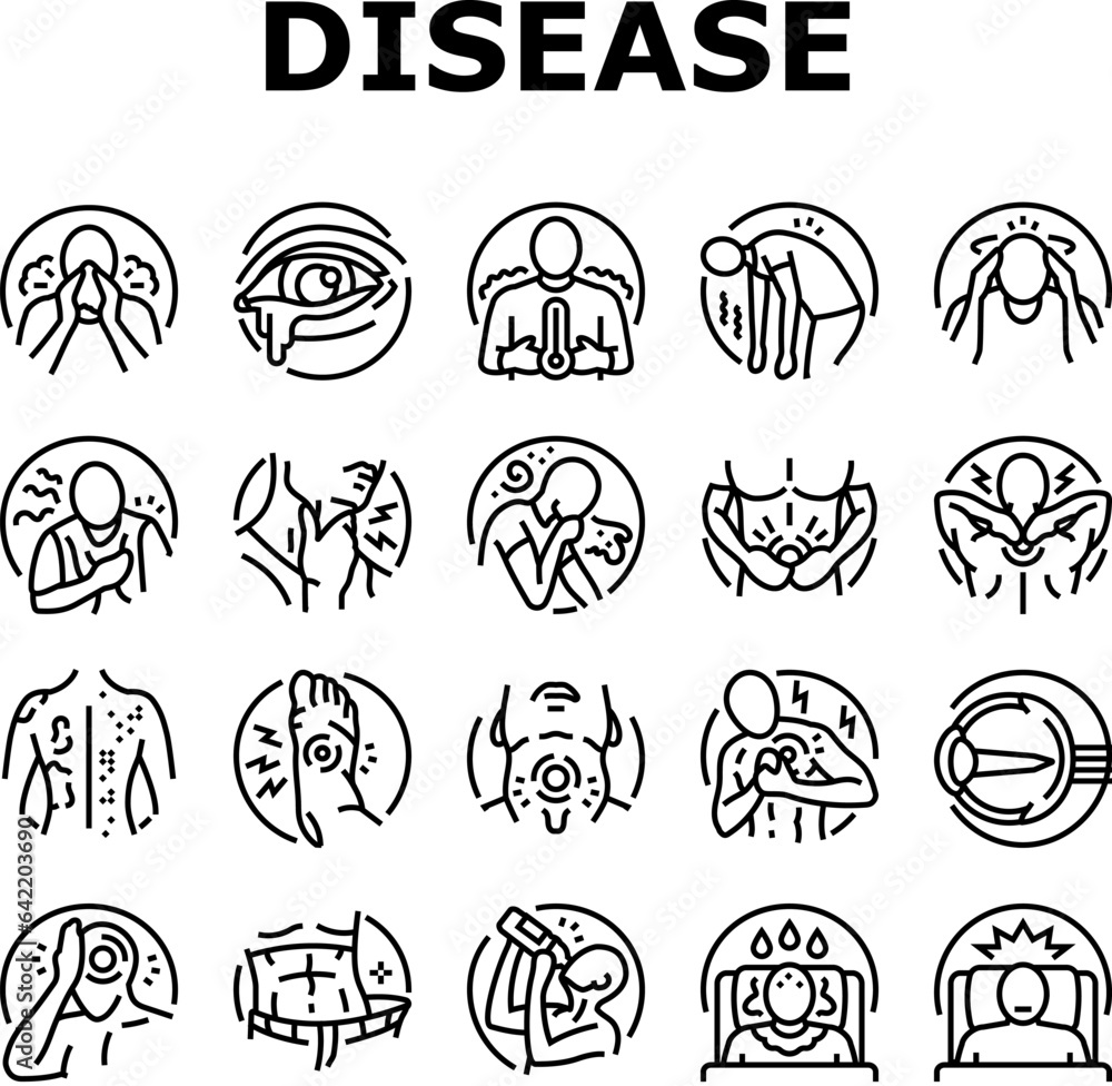disease health heart icons set vector. cough pain, fever virus, flu ...