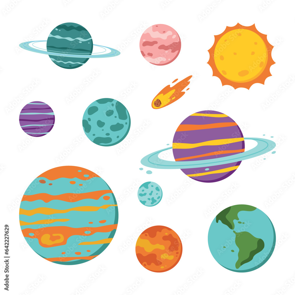 Solar system objects isolated on white background. Sun, planets, comet ...