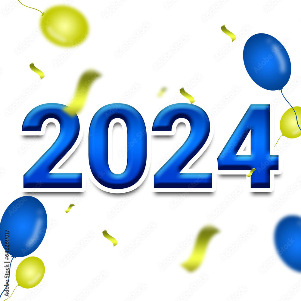 happy New Year 2024 blue Text with balloon, for poster, banner ...