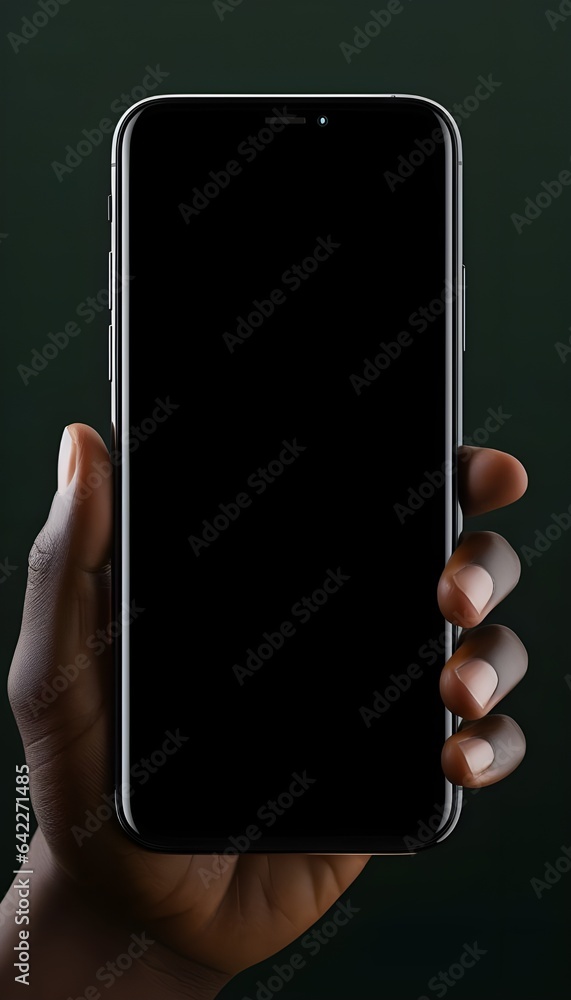 The hand of a Black person holding a vertically oriented phone with a ...