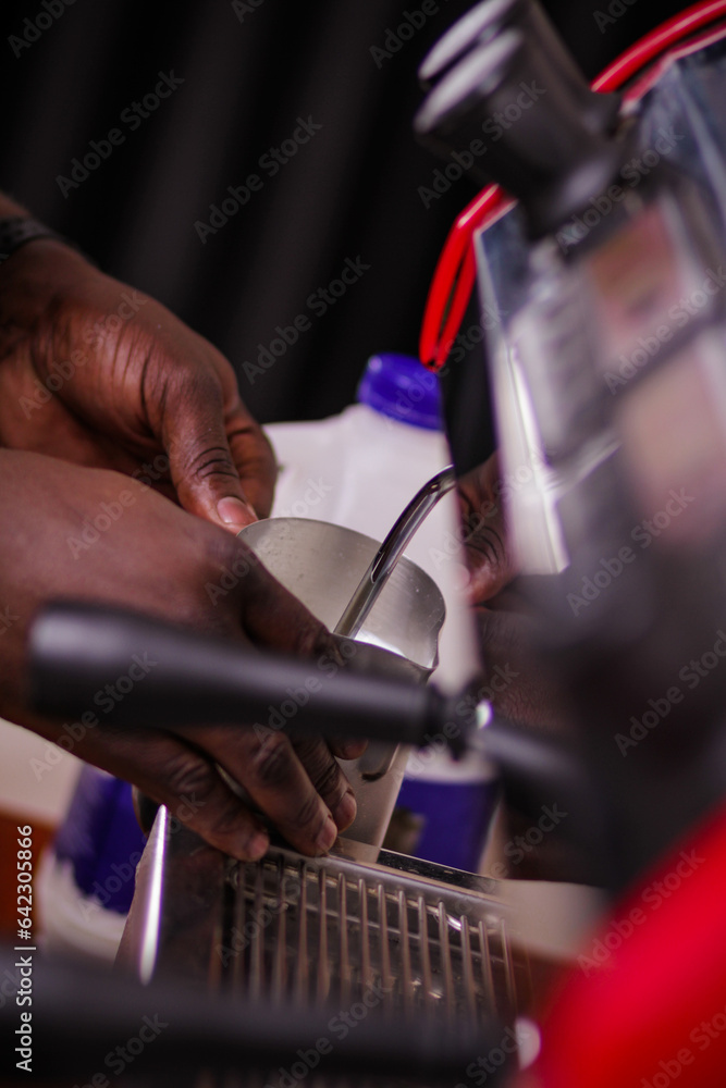 espresso coffee maker Grounded coffee beans hands sorting out red ...