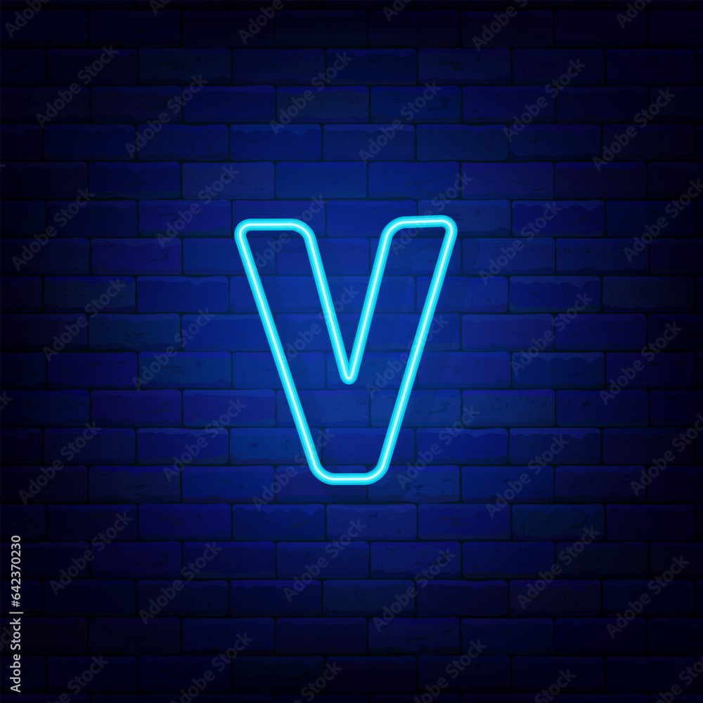 Neon letter V on brick wall. Versus and victory sign. Bright blue ...