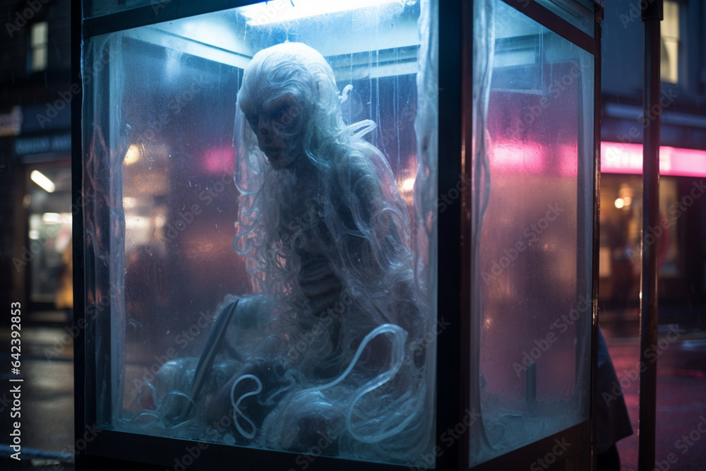 Scary alien monsters from nightmares and a phone booth in the street at ...