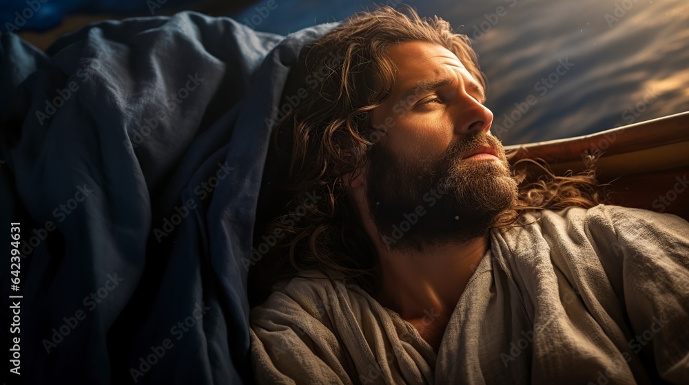 Jesus sleeping in a fishing boat Stock Photo | Adobe Stock