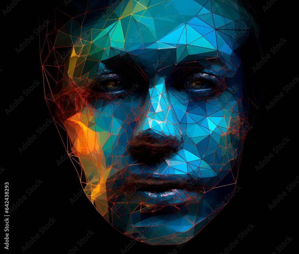 triangular artwork depicting a male face, in the style of realistic ...