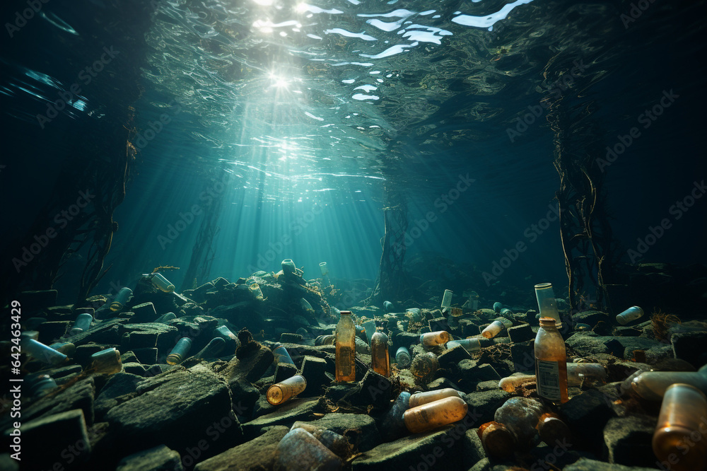 plastic waste and bottles garbage undersea or ocean bottom as wide ...