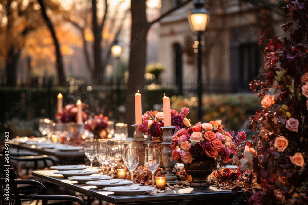 Autumn outdoor dinner table setting with candles, roses flowers, fall ...