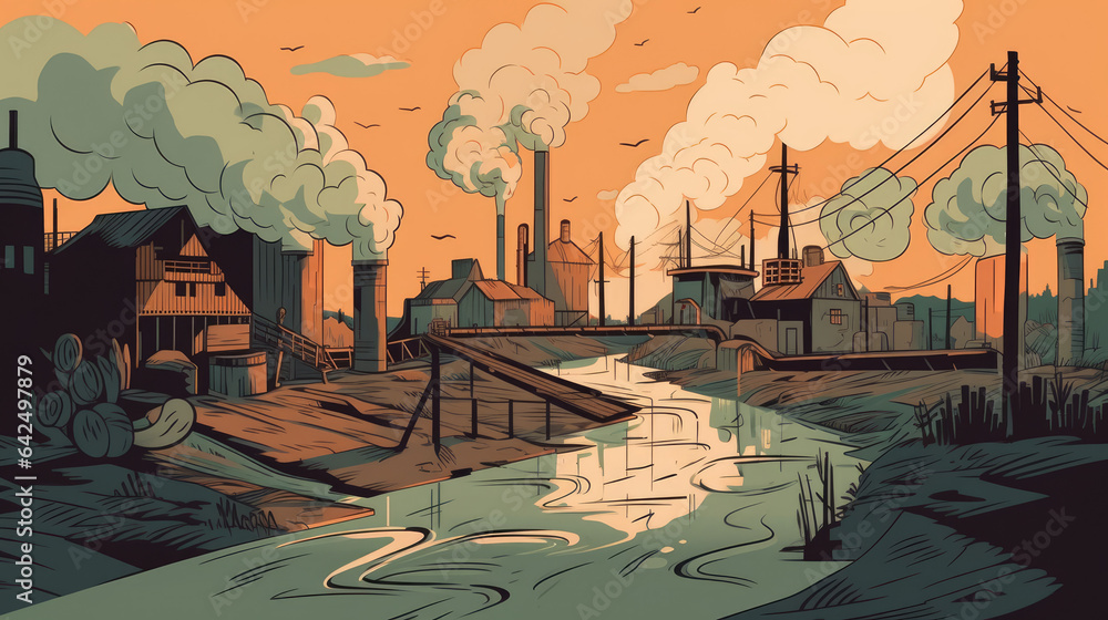 Air, water and soil pollution by industrial production cartoon vector ...