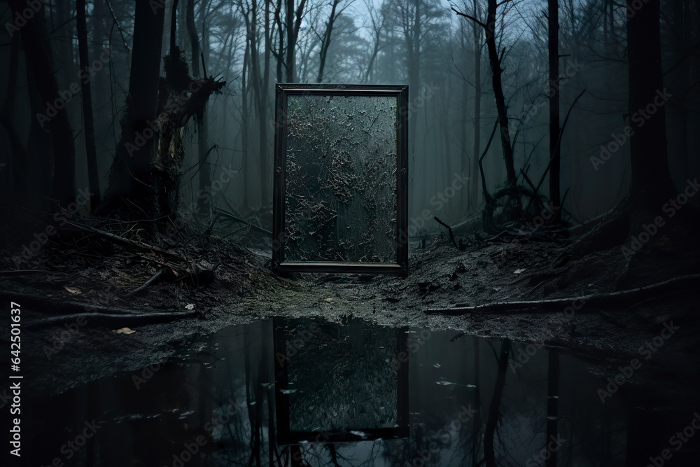 Dark and scary place in the forest with dense air. Dirty antique mirror ...