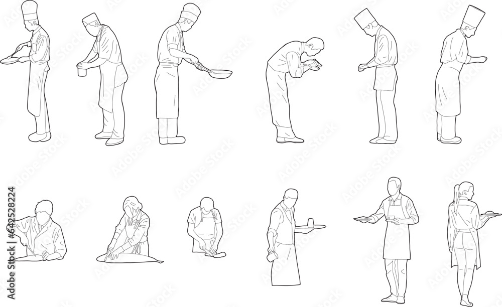Line Drawing CAD for cooking people and waiters in kitchen and ...