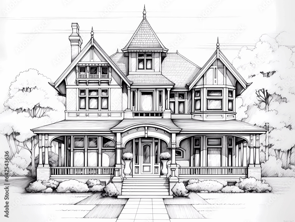 Architectural drawing of victorian home with landscaping. Black and ...
