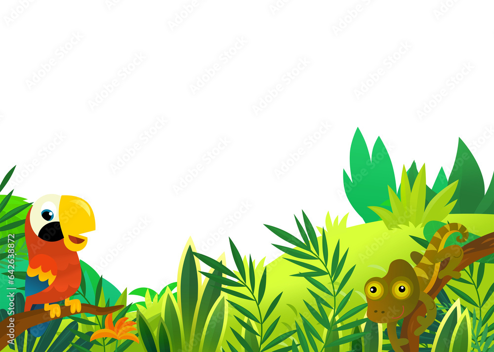 cartoon scene with jungle and animals and parrot bird being together as ...