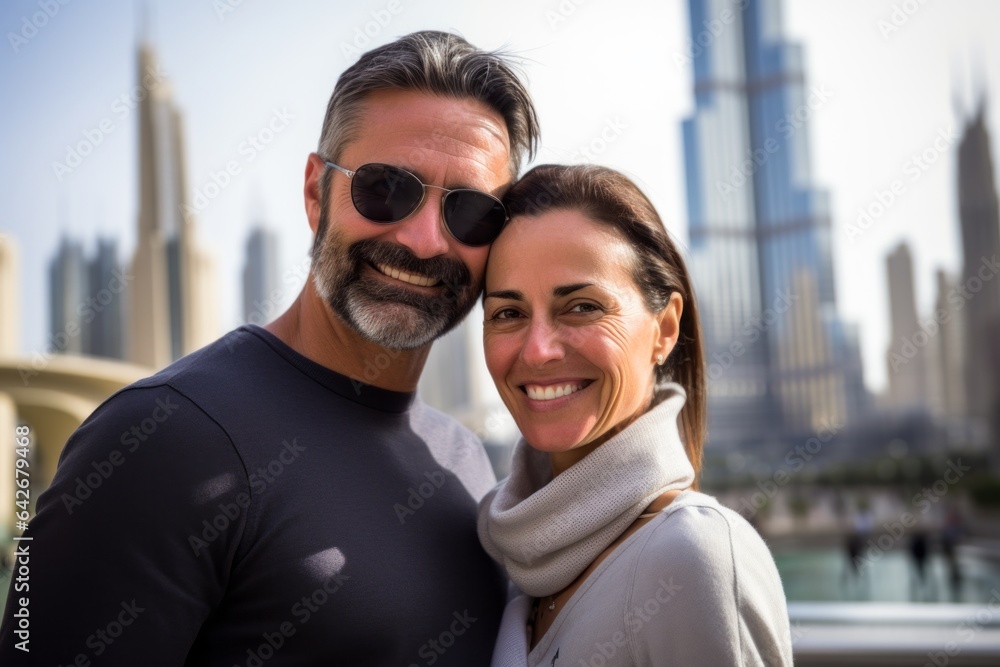 Couple in their 40s smiling at the Burj Khalifa in Dubai UAE Stock ...