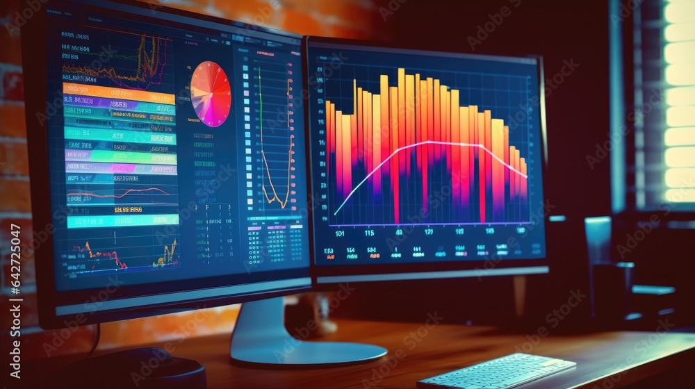 The side view of a computer screen displaying multiple financial ...