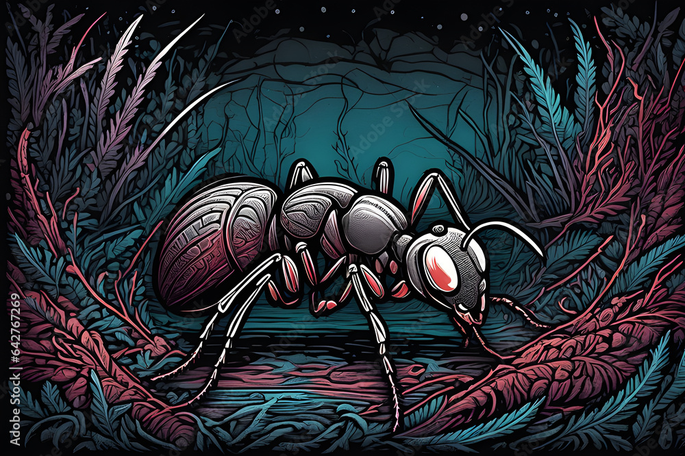 beautiful detailed colored linocut art style of a giant ant standing on ...