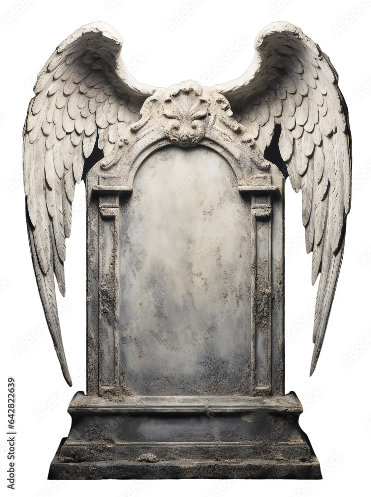 Empty tombstone with angel wings. Death. Cemetery. Funeral. Isolated on ...