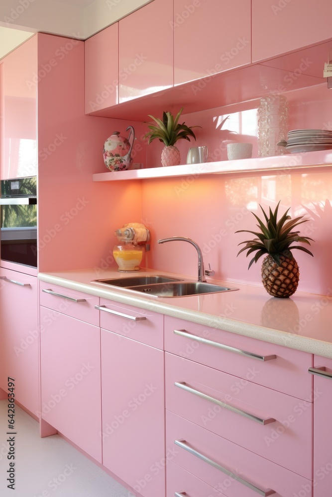 A bright and inviting pink kitchen filled with unique details like a ...