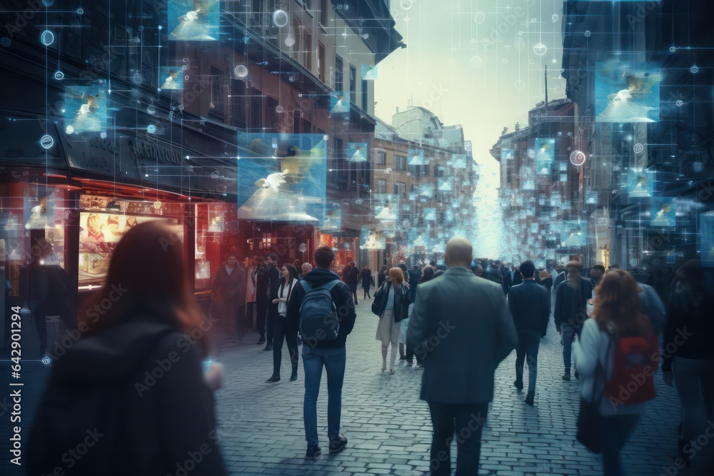 Surveillance camera of a crowd of people walking along busy city ...