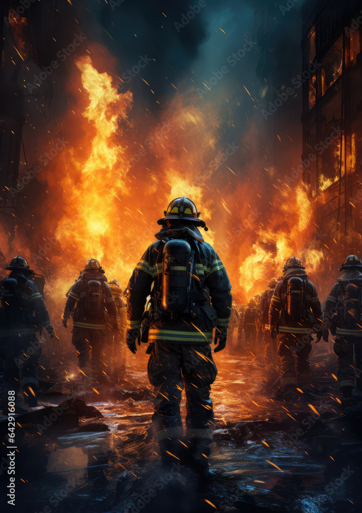 Firefighters extinguish a fire in a burning building. Firefighters ...