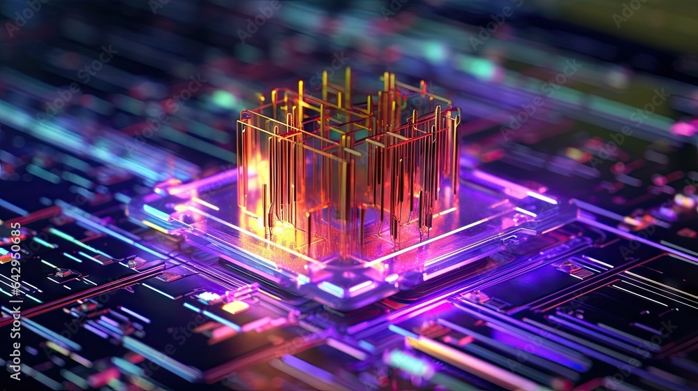 an electronic circuit in the shape of a cube with neon lights on top ...