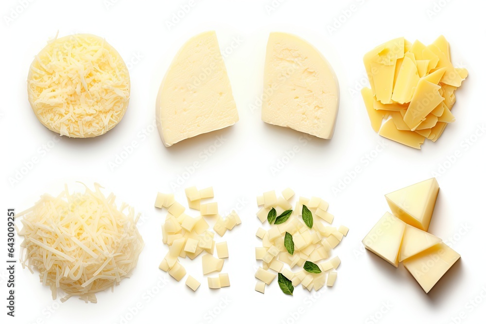 Assorted pieces of cheese including parmesan mozzarella diced grated ...