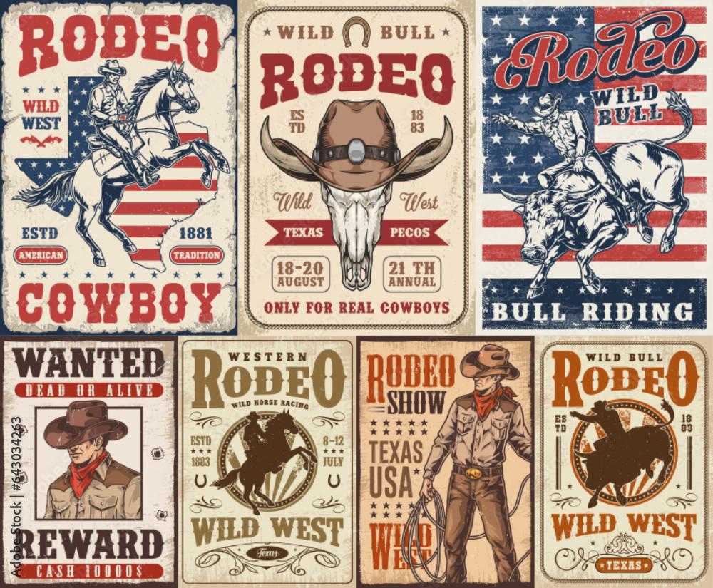 Western rodeo set posters colorful Stock Vector | Adobe Stock