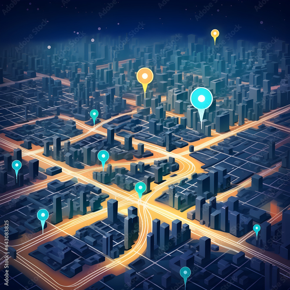 Display of city map with point of place markers indicating different locations. Generative ai ...