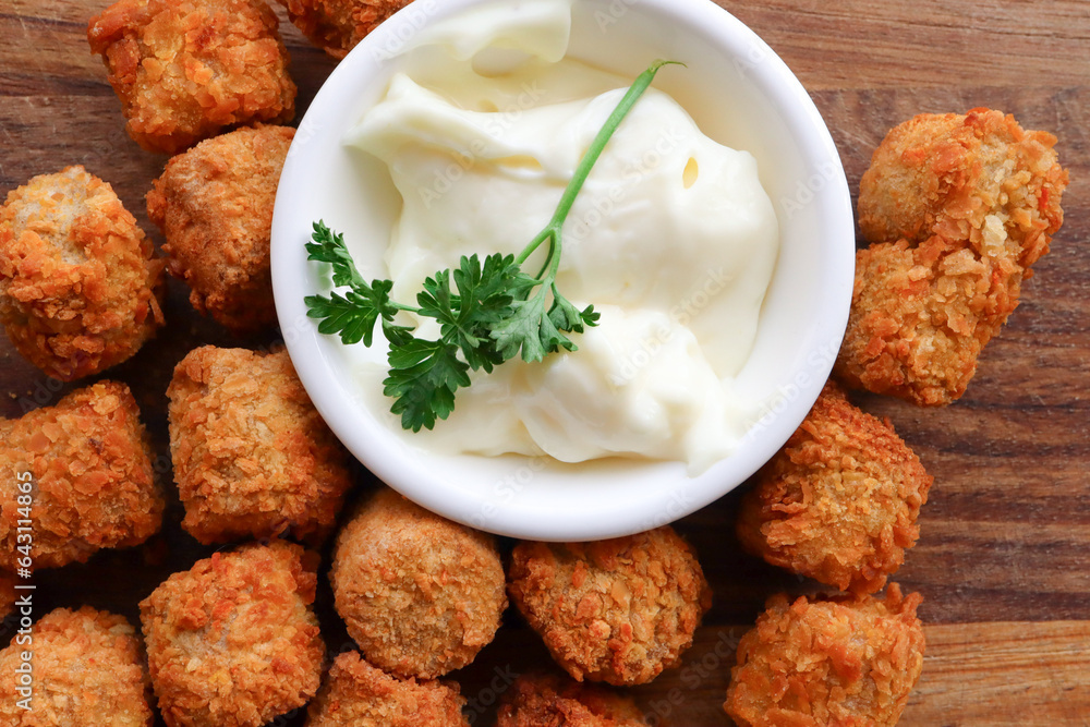 fried chicken nuggets. Chicken poppers or pops with hot chips or french ...