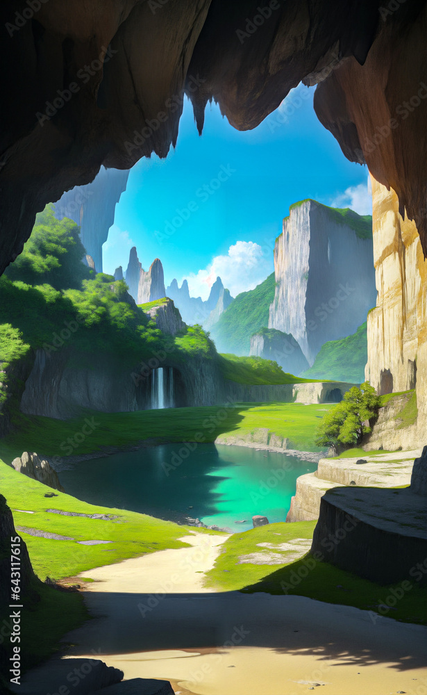 Cave opening to landscape, Scene in Cartoon-Realistic Style, Children's Book Illustrations ...