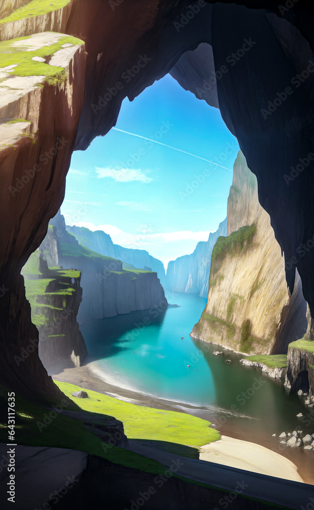 Cave opening to landscape, Scene in Cartoon-Realistic Style, Children's ...