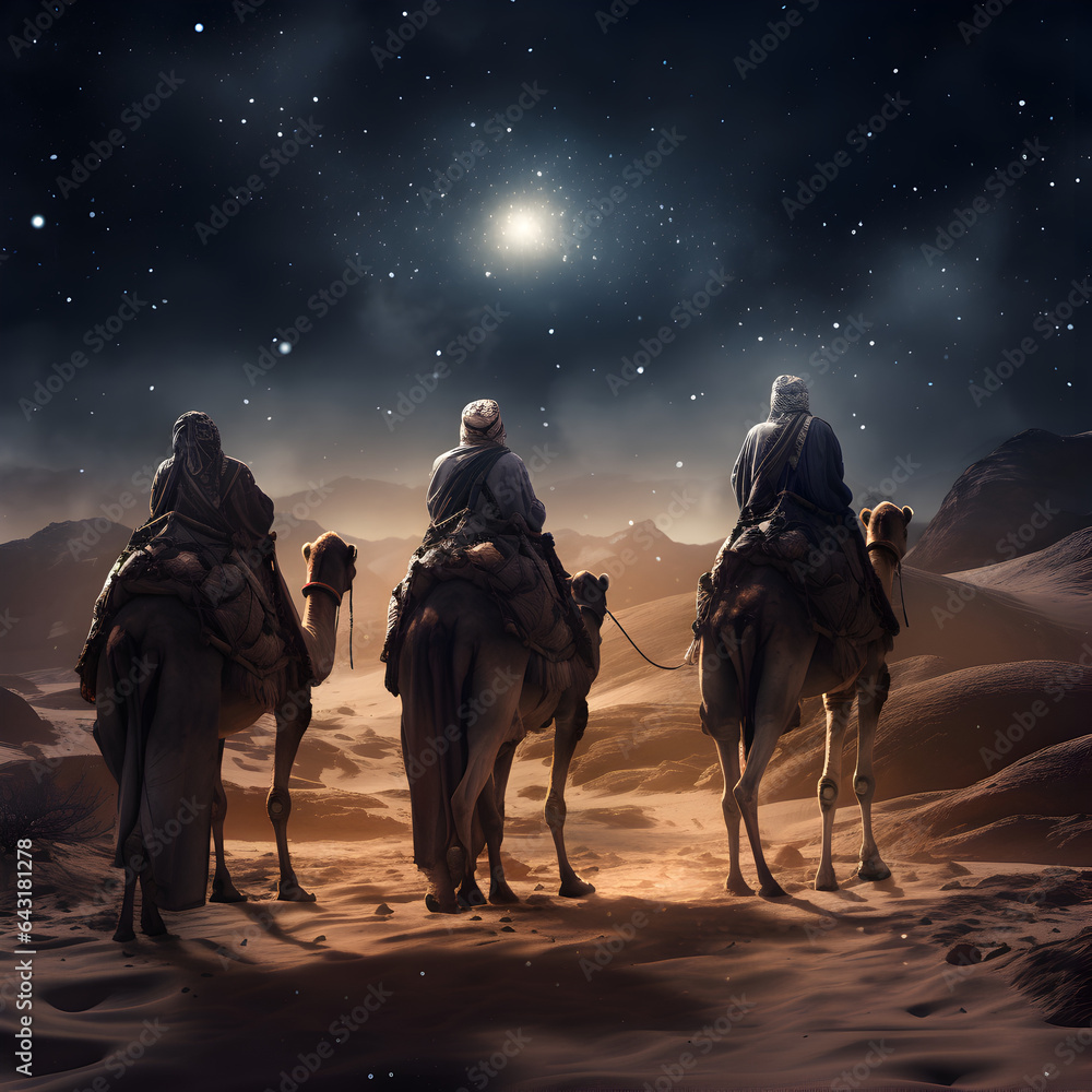 The three wise men following the Star of Bethlehem. A Biblical concept ...