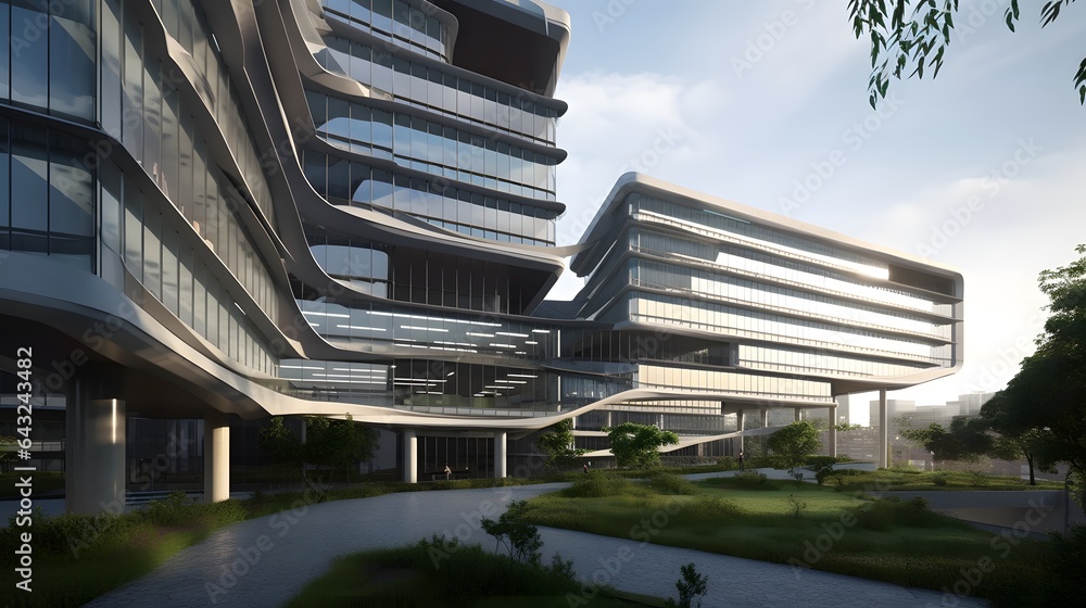 From below of entrance of office building next to contemporary high ...