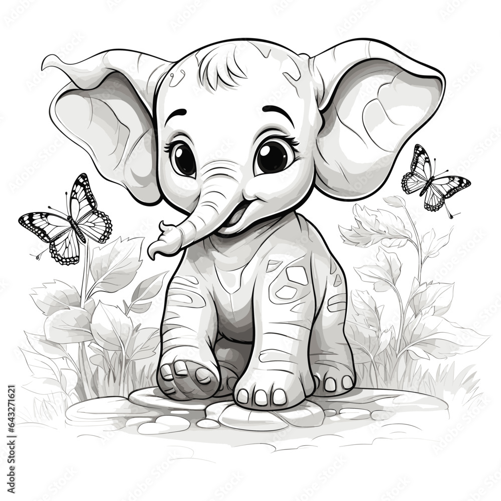 Stock-Vektorgrafik „Cute baby elephant and butterfly outline drawing ...