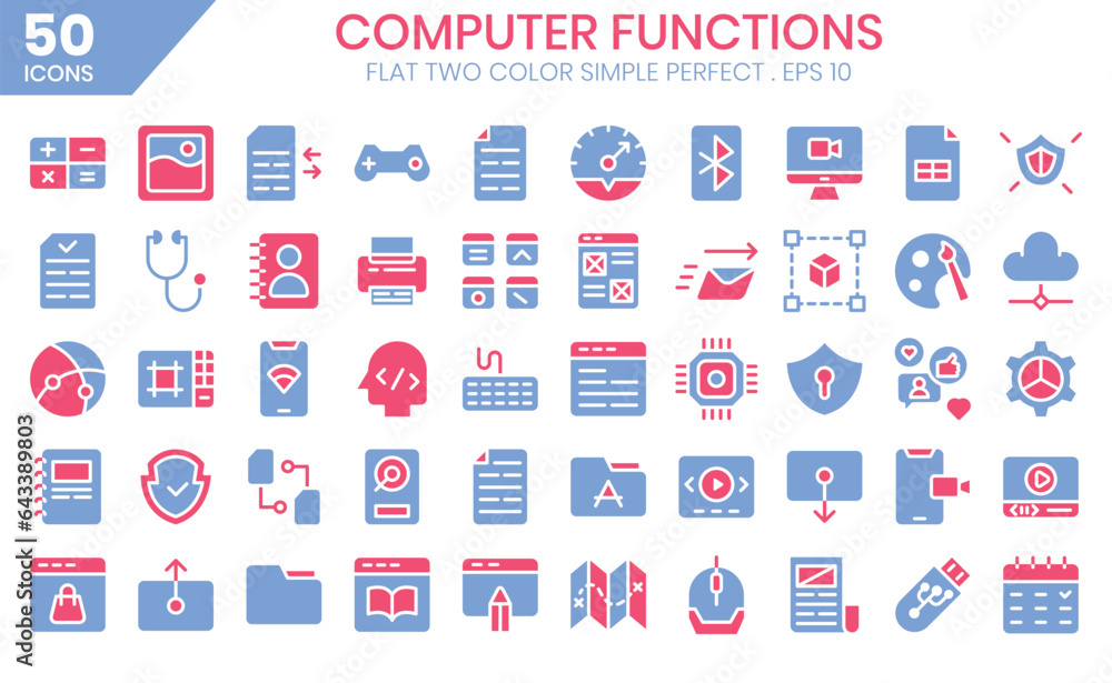 Computer Functions flat two color icon set.The collection includes of ...