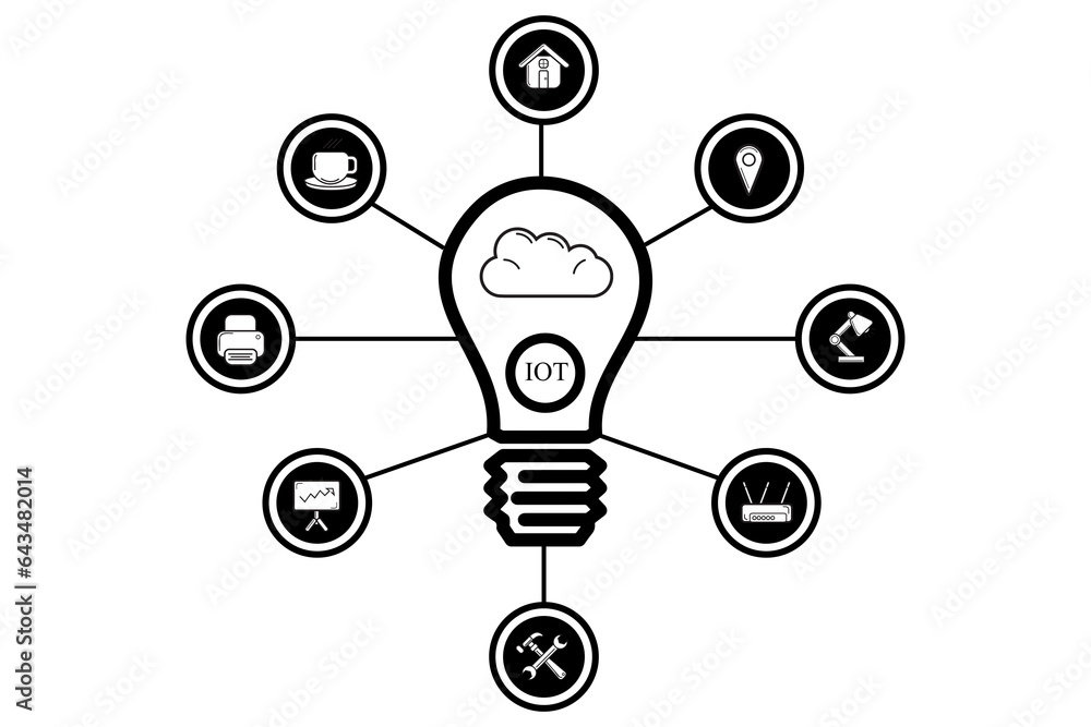 Digital png of iot text and cloud in lightbulb networked to media icons ...
