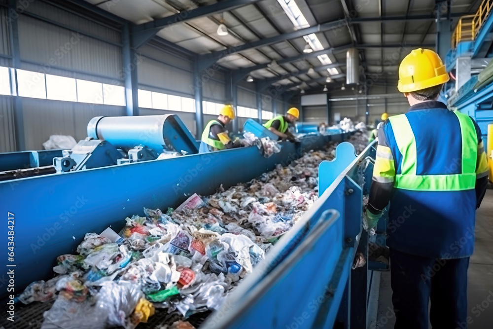 Waste sorting plant. Many different conveyors and bunkers. Workers sort ...
