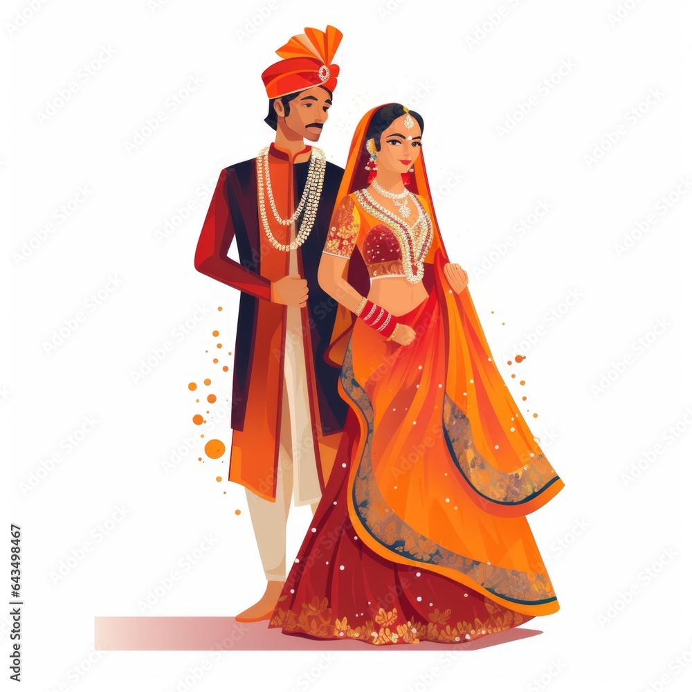 Bride and groom in traditional indian wedding dress couple illustration ...