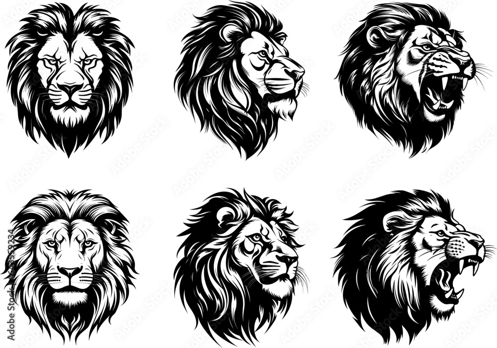 Wild roaring lion king head tattoo set. Front and side view predator ...