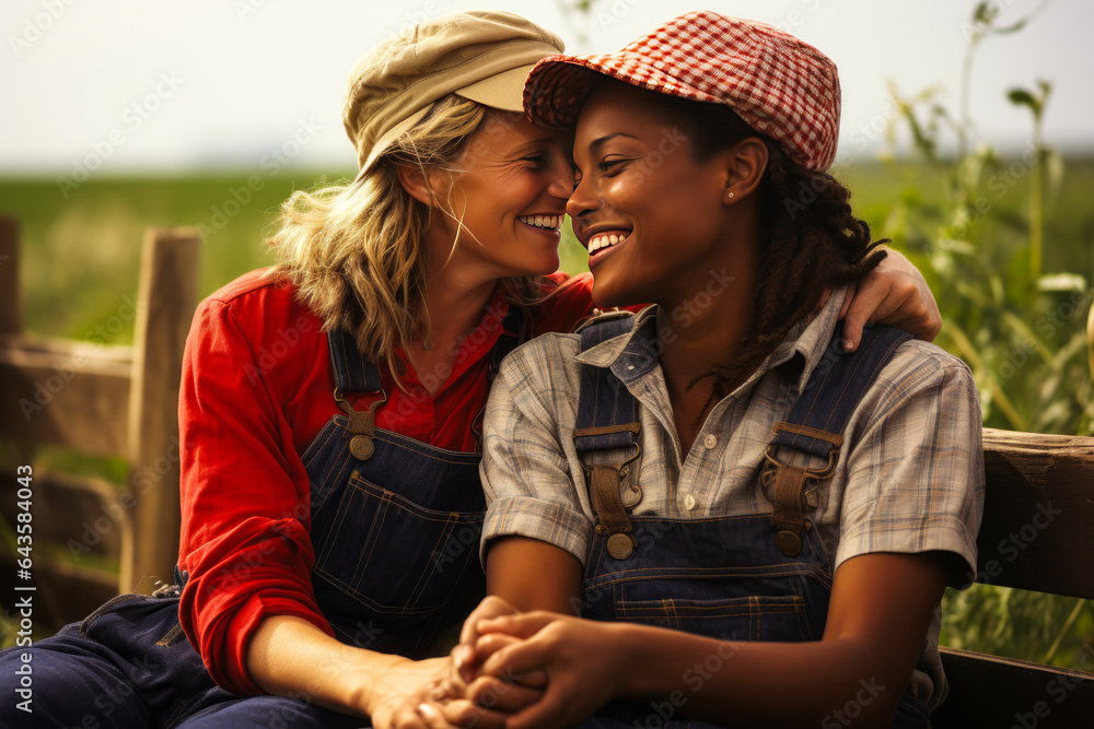 Authentic portrayal of a lesbian couple in overalls sharing an intimate ...