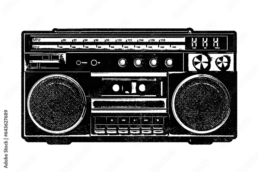 Retro boombox radio stencil illustration stamp with distressed grunge ...