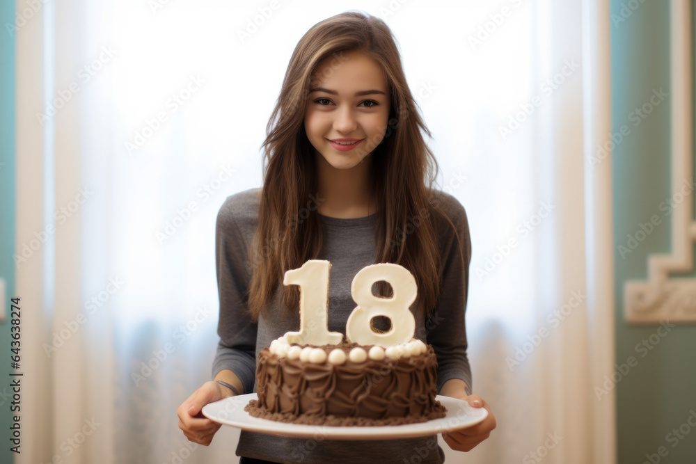 Foto Cute 18 year old teen girl in front of a cake, celebrating her ...