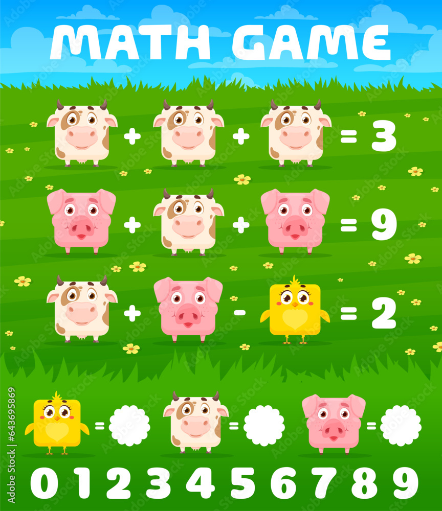 Cartoon square cow, pig and chicken characters math game worksheet ...