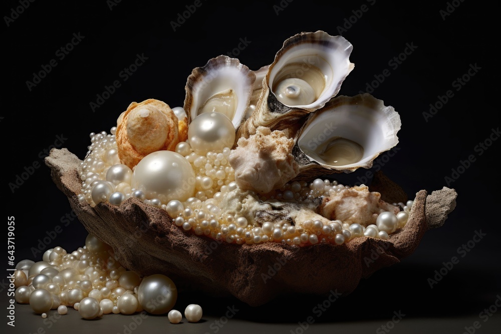 cluster of oyster shells with pearls inside Stock Photo | Adobe Stock